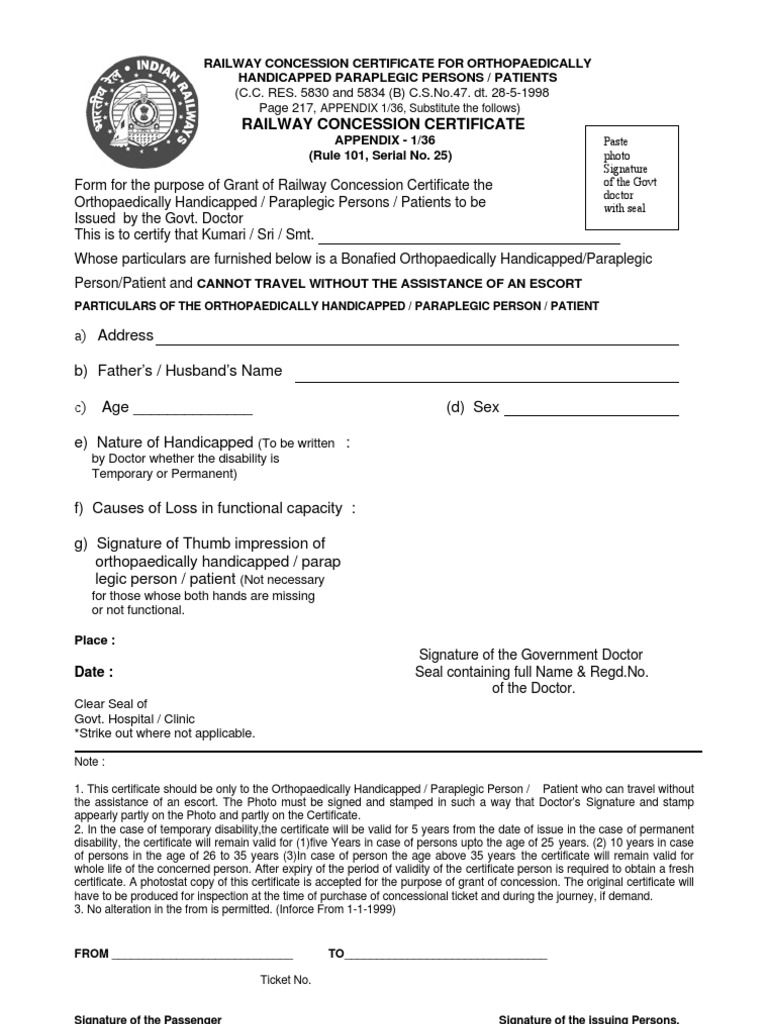 Railway Concession Certificate for Disabled | PDF | Disability