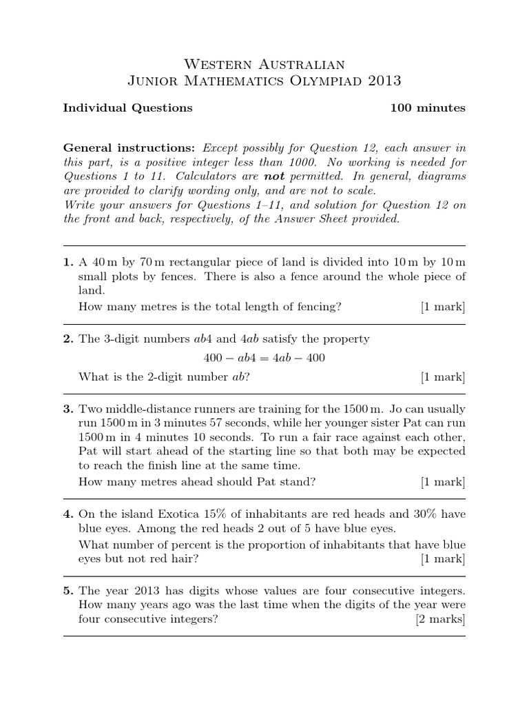 Western Australian Junior Mathematics Olympiad 2013 | PDF | Geometry ...