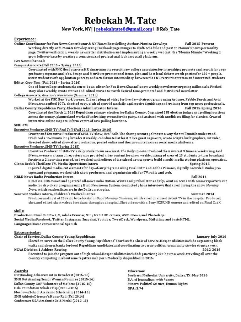 Rebekah Tate Resume | PDF | Fox News | News Broadcasting
