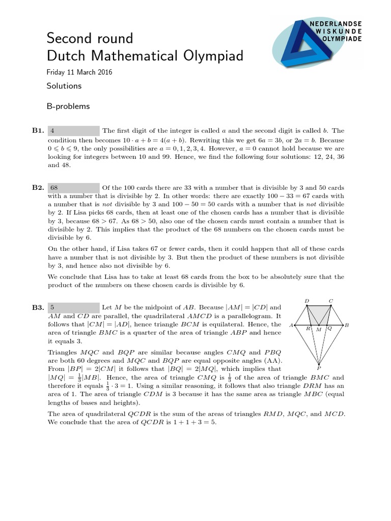 Second Round Dutch Mathematical Olympiad: Solutions B-Problems | PDF ...