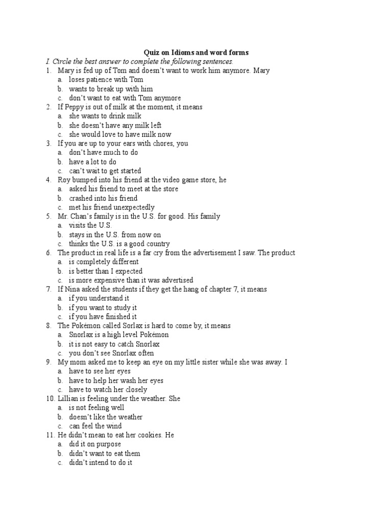 Idioms and Word Forms Quiz | PDF