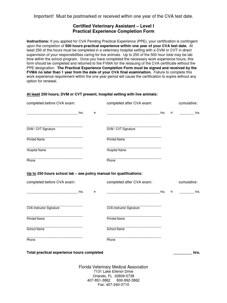 Fvma Student Certification - Practical Experience Completion Form | PDF