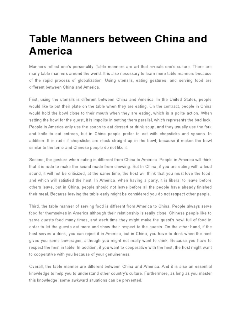 Table Manners Between China and America | PDF | Tableware | Food And Drink