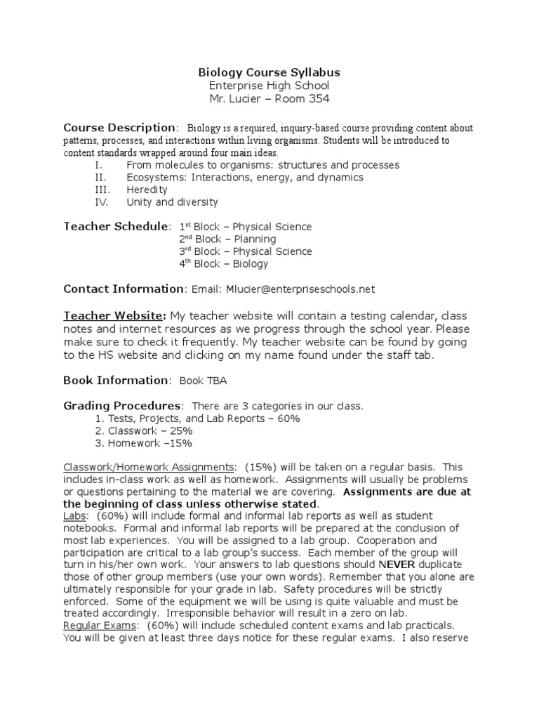 Enterprise High School Biology Syllabus | PDF | Syllabus | Test ...