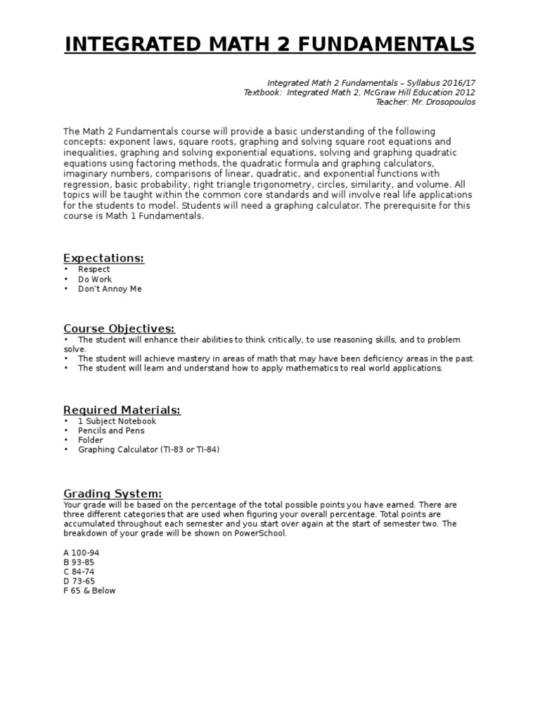 Class Syllabus Integrated Math 2 Fundamentals | PDF | Quadratic ...