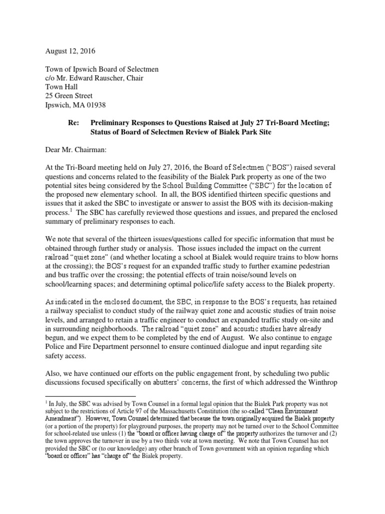 SBC Letter To Board of Selectmen Aug 12 2016 | PDF | Traffic | Social ...