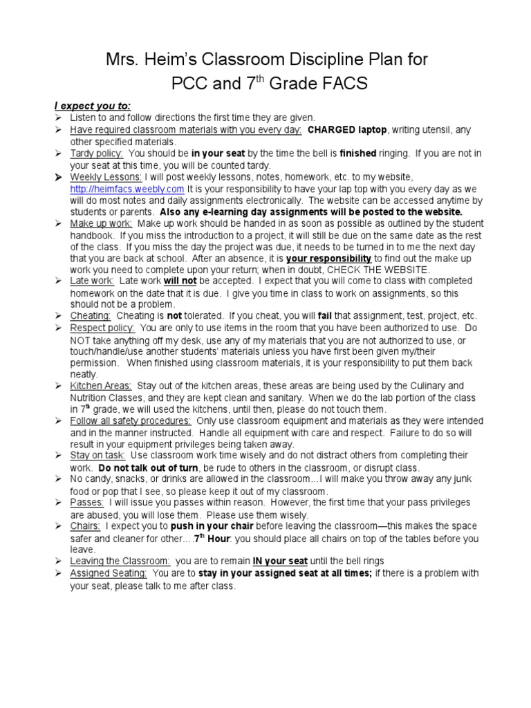 Mrs. Heim's Classroom Discipline Plan For PCC and 7 Grade FACS | PDF ...