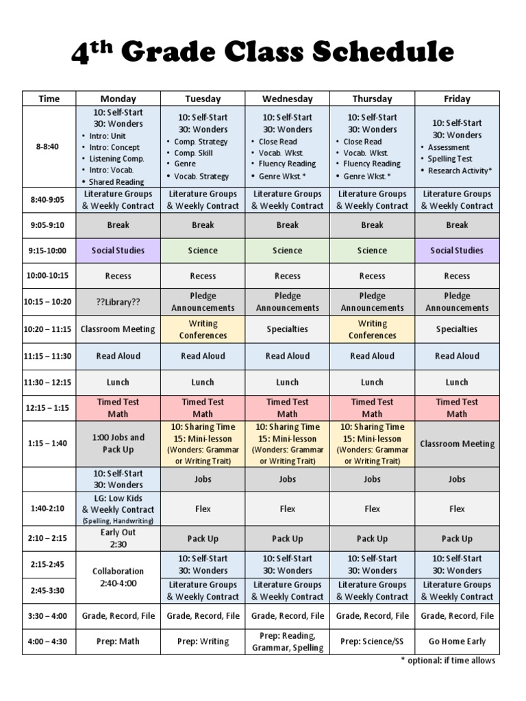 Weekly Teaching Schedule 4th Grade | PDF