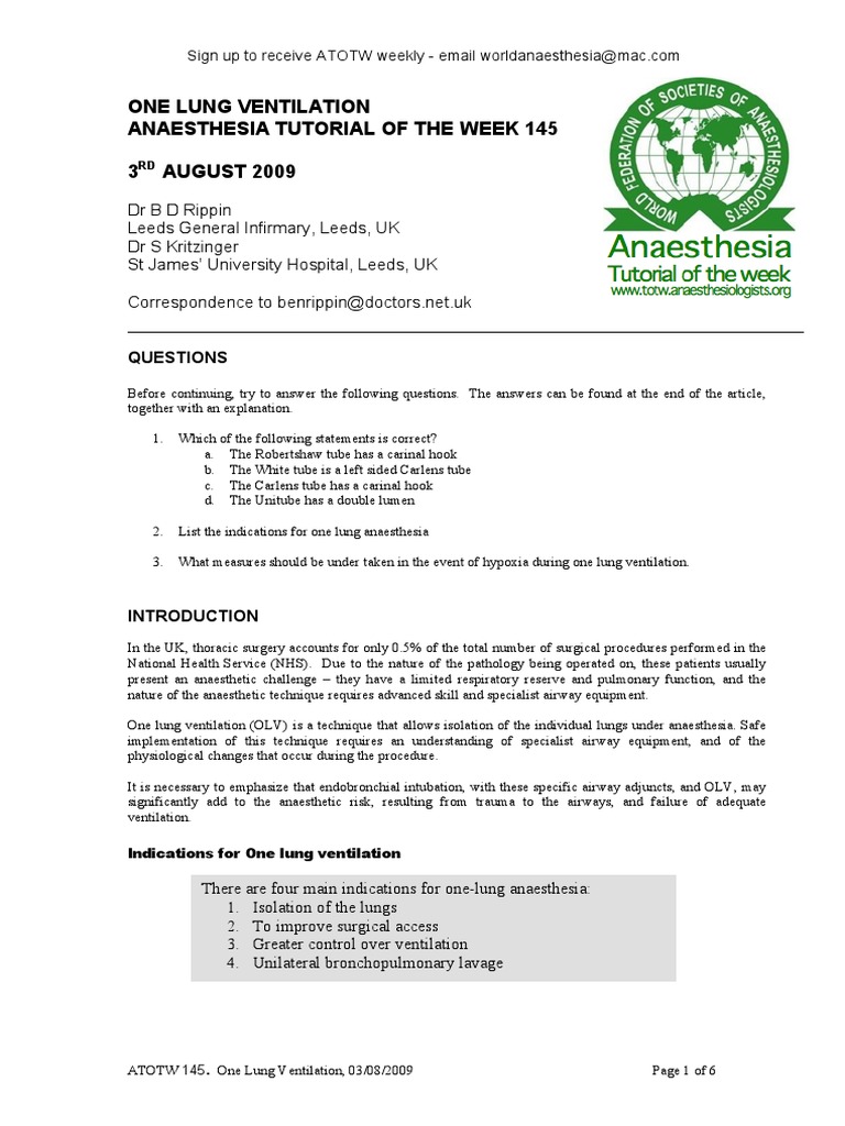 145 One Lung Ventilation | PDF | Lung | Anesthesia