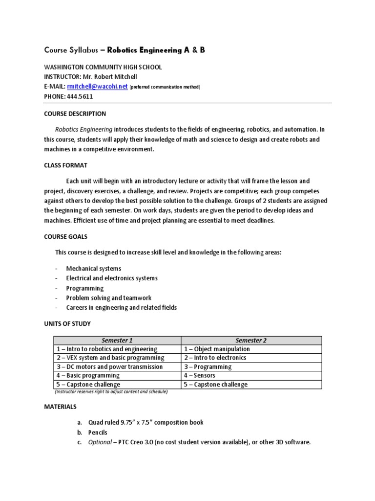 Course Syllabus - Robotics Engineering | Download Free PDF | Robotics ...