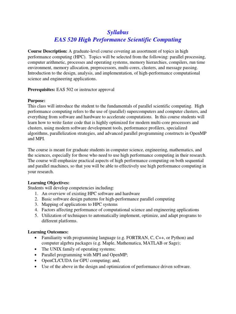 EAS 520 UmassD Syllabus Sheer | PDF | Parallel Computing | Supercomputer