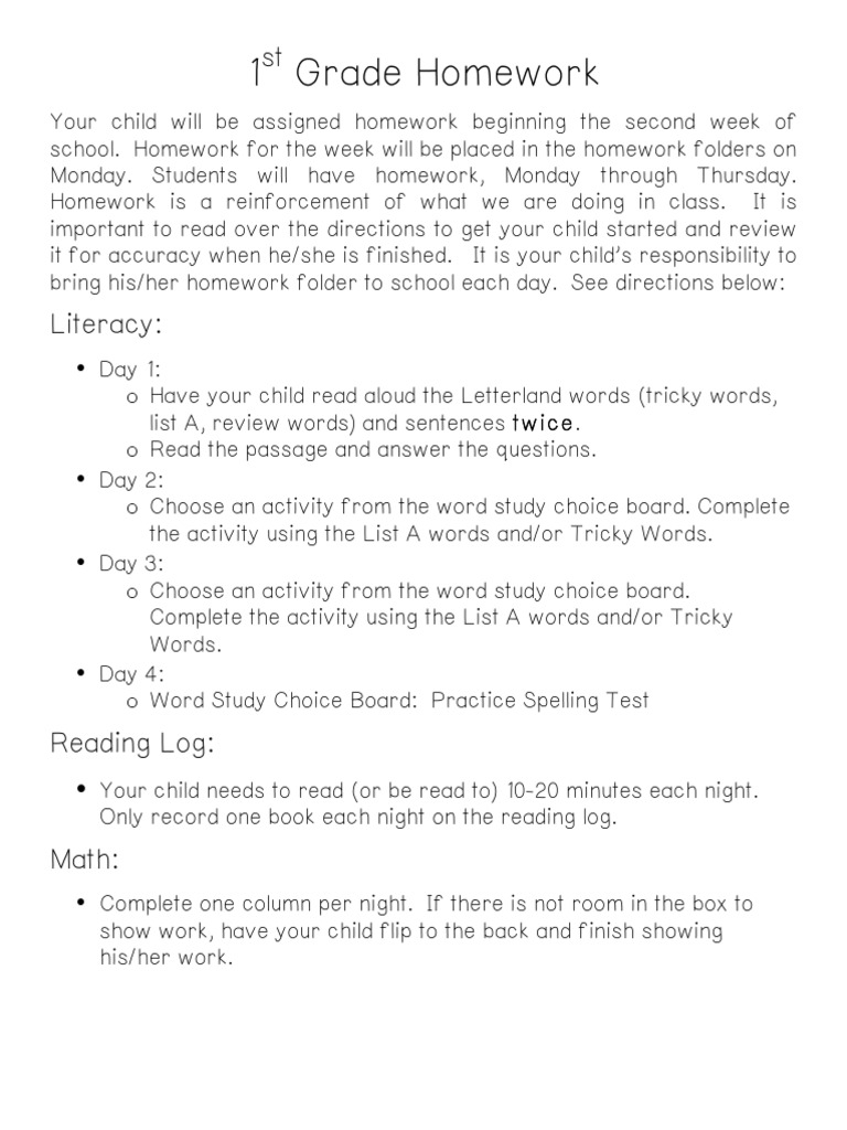 1st Grade Homework | PDF | Homework | Teaching