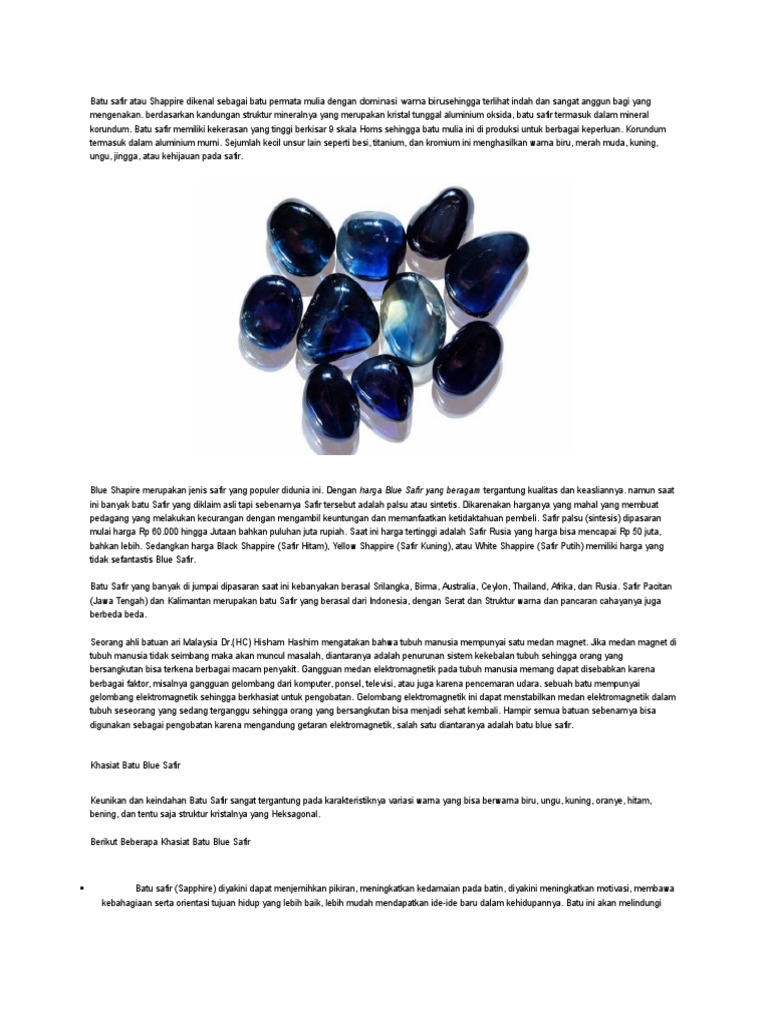 Batu Safir Atau Shappire Dikenal Sebagai Batu Permata Mulia Dengan | PDF