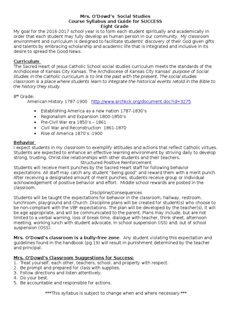 Mrs. O'Dowd's Social Studies Course Syllabus and Guide For SUCCESS ...
