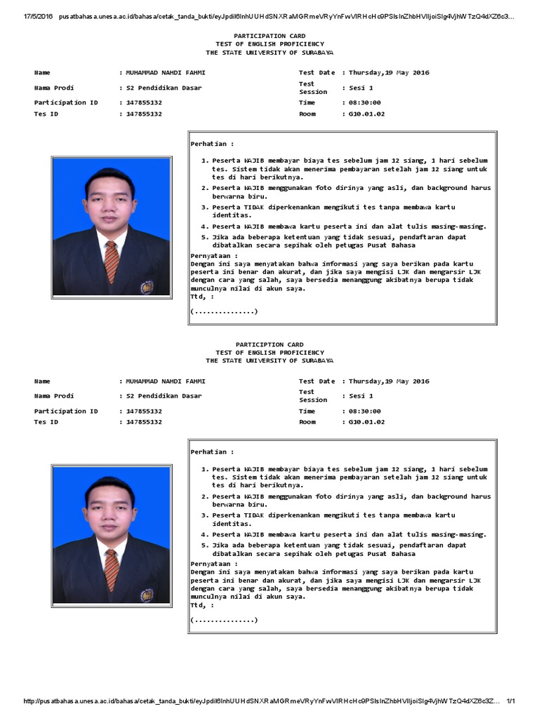 Kartu Peserta Tes TEP Unesa 2016 | PDF