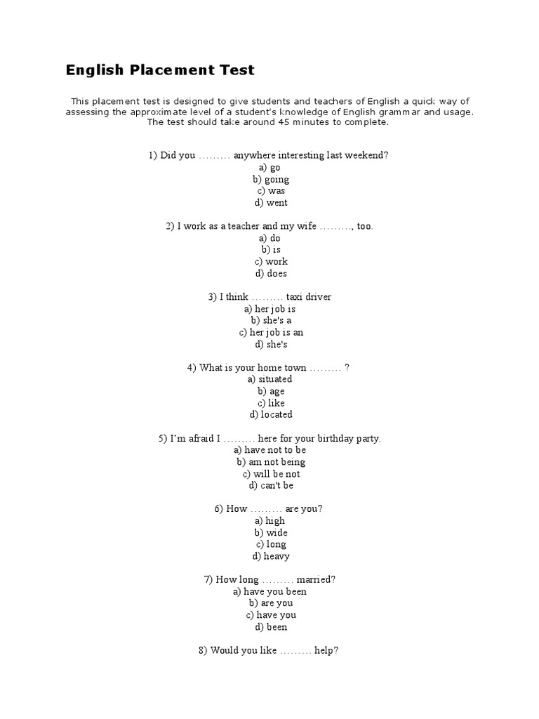 English Placement Test 1 | PDF