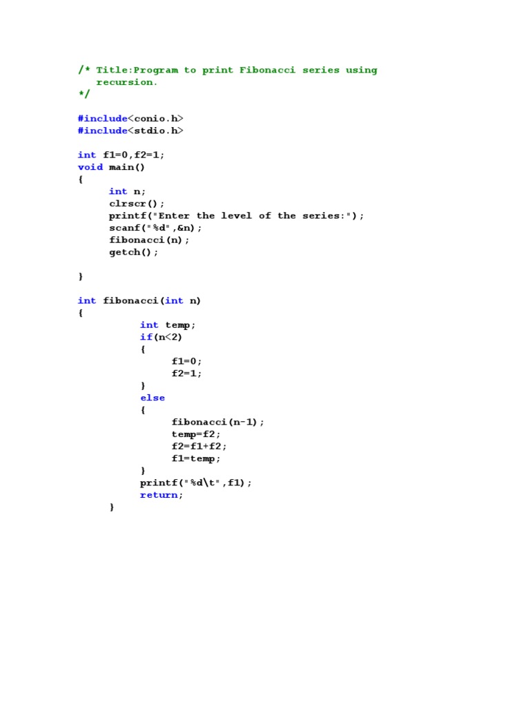 #Include #Include Int Void Int: / Title:Program To Print Fibonacci ...