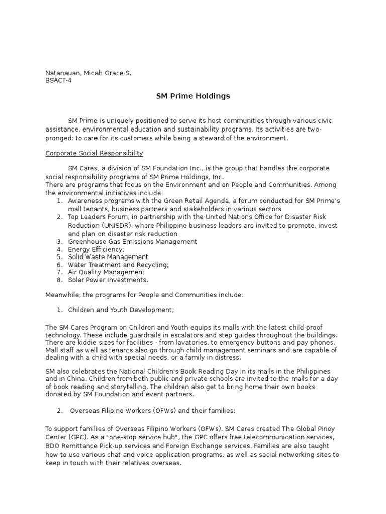 SM Prime Holdings CSR Initiatives | PDF