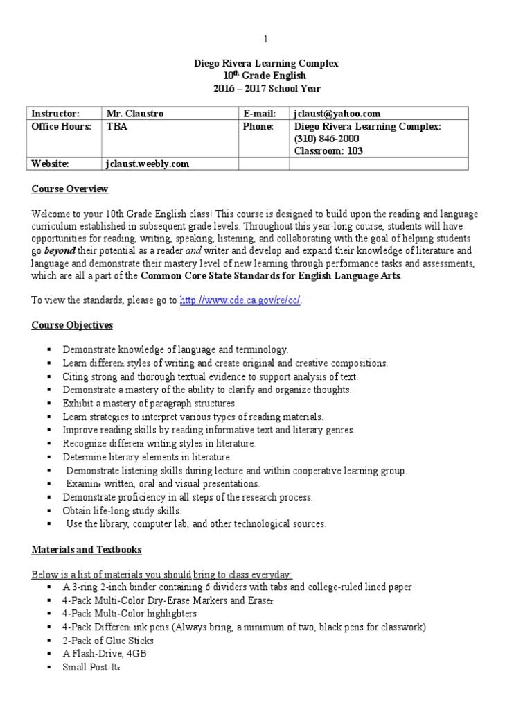 10th Grade English Course Overview | PDF | Homework | Plagiarism