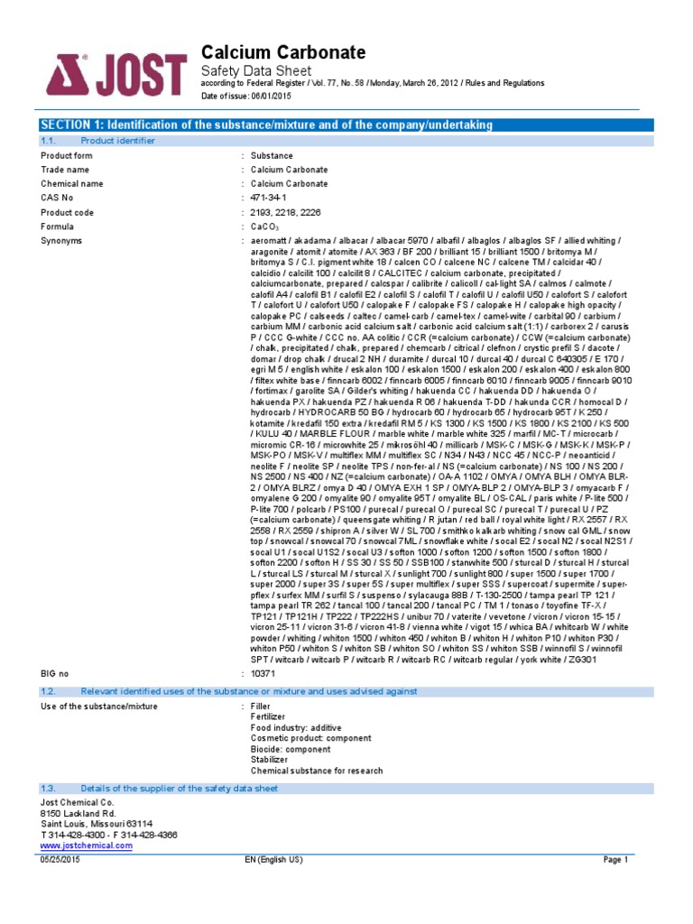 Calcium Carbonate (471-34-1) PDF | PDF | Firefighting | Toxicity