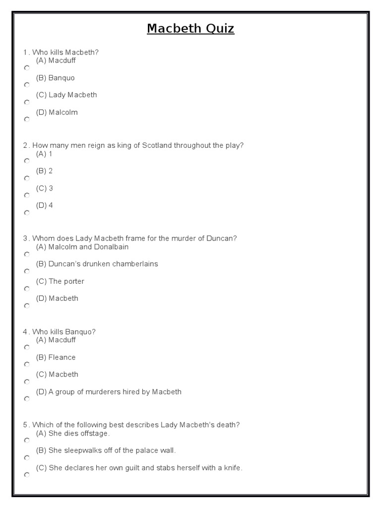 Macbeth Quiz | PDF | Macbeth | Shakespearean Tragedies