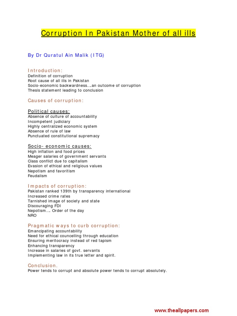 Essay - Corruption in Pakistan Mother of All Ills | PDF | Corruption ...