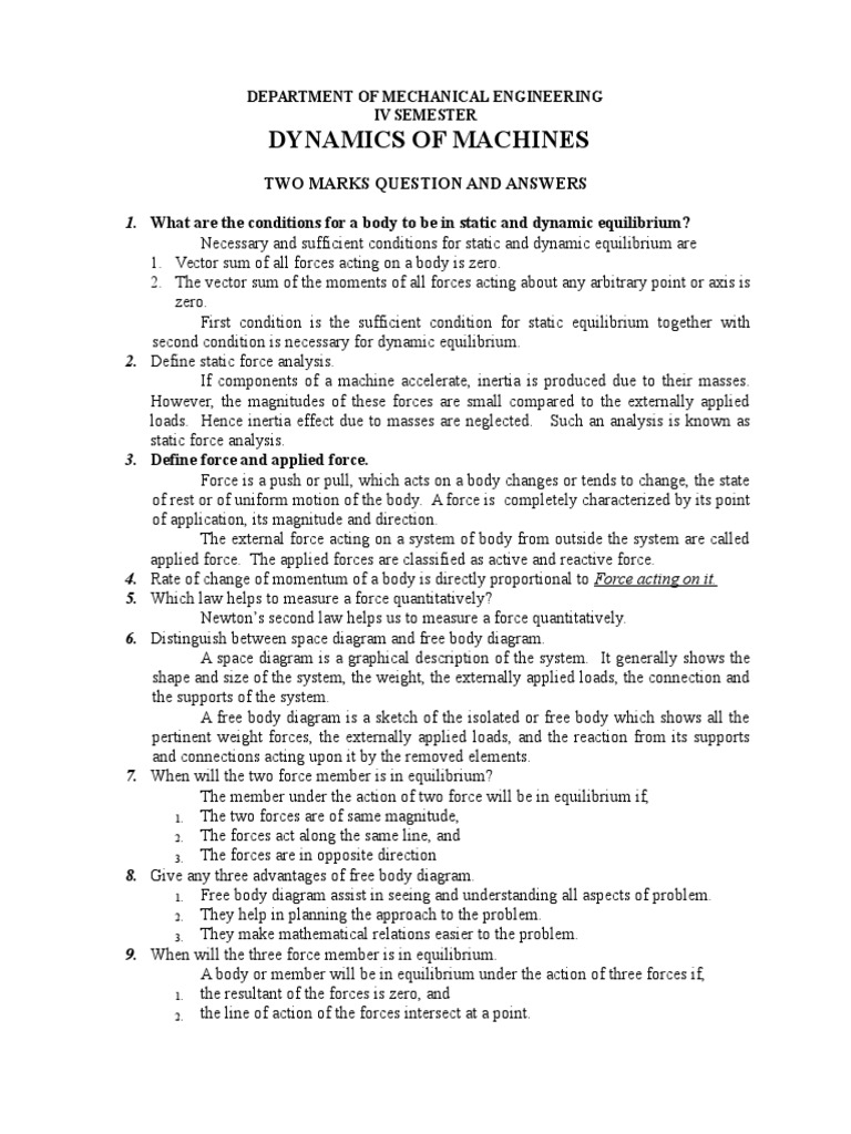 DYNAMICS OF MACHINES NOTES | PDF | Force | Torque