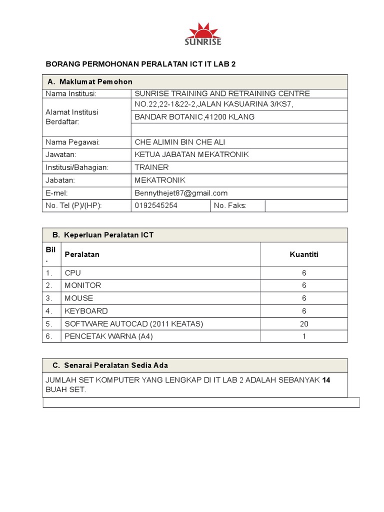 Borang Permohonan Peralatan Ict It Lab 2 | PDF