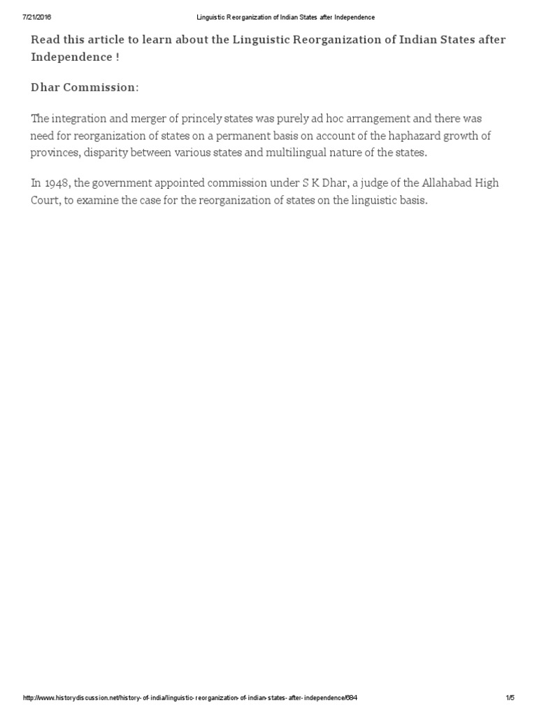 Linguistic Reorganization of Indian States After Independence | PDF ...