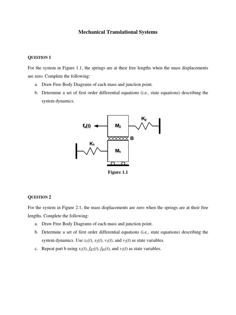 Mechanical Translational Systems Questions | PDF | Equations | Systems ...