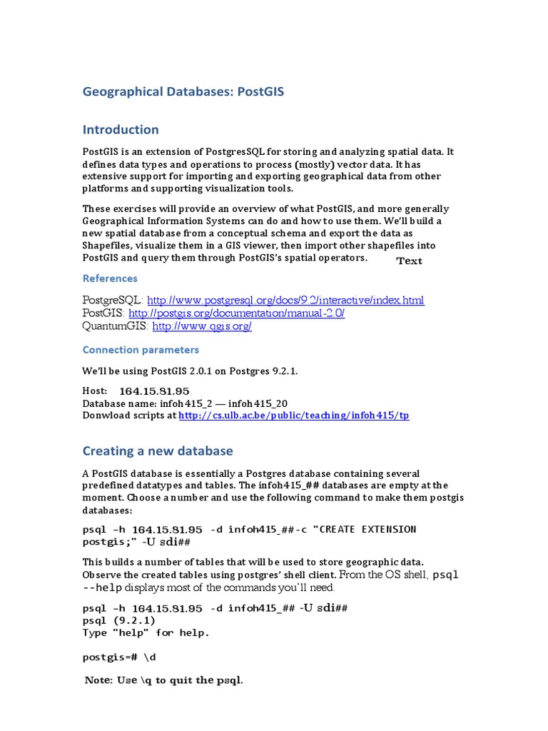 Infoh415 Postgis Exercises | PDF | Postgre Sql | Database Index