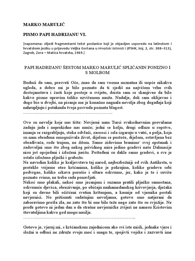 MARKO MARULIC Pismo Papi Hadrijanu VI | PDF