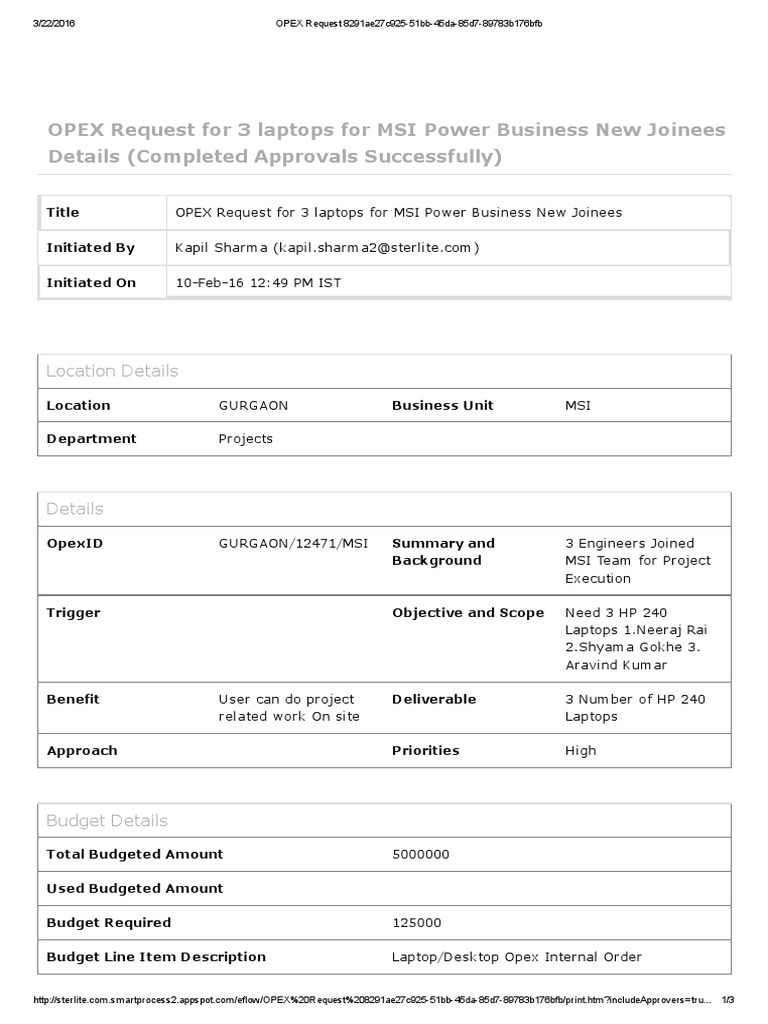 OPEX Request For 3 Laptops For MSI Power Business New Joinees Details ...