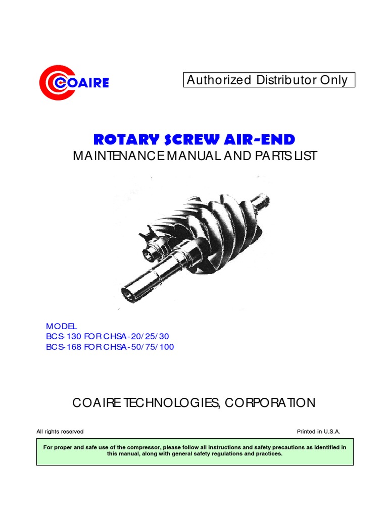 Rotary Screw Air Compressor Maintenance Manual | PDF | Bearing ...