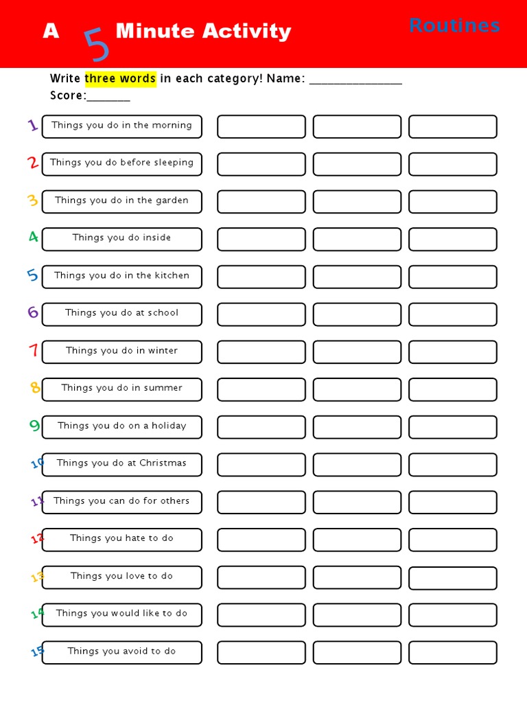 A Minute Activity: Write Three Words in Each Category! Name: - Score | PDF