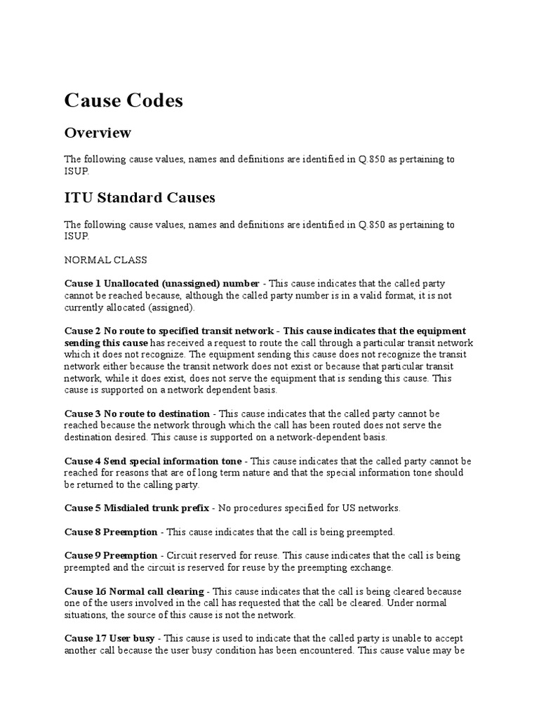 Cause Codes | PDF | Computer Network | Parameter (Computer Programming)