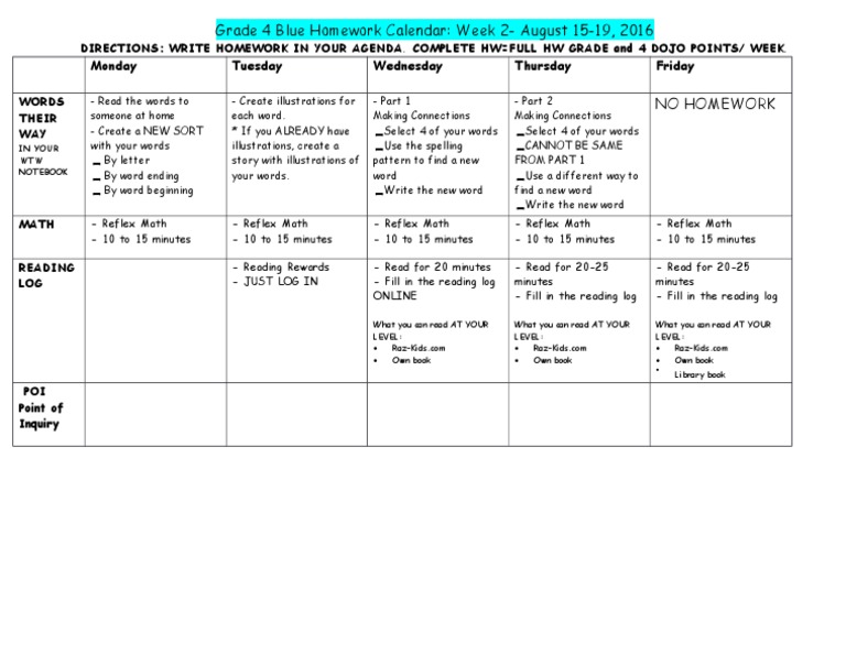Grade 4 Homework Calendar: Week 2 | PDF