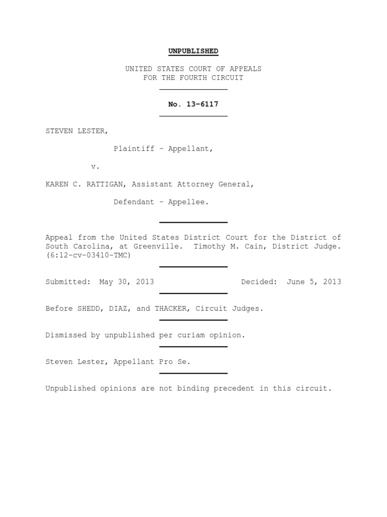 Steven Lester v. Karen Rattigan, 4th Cir. (2013) | PDF