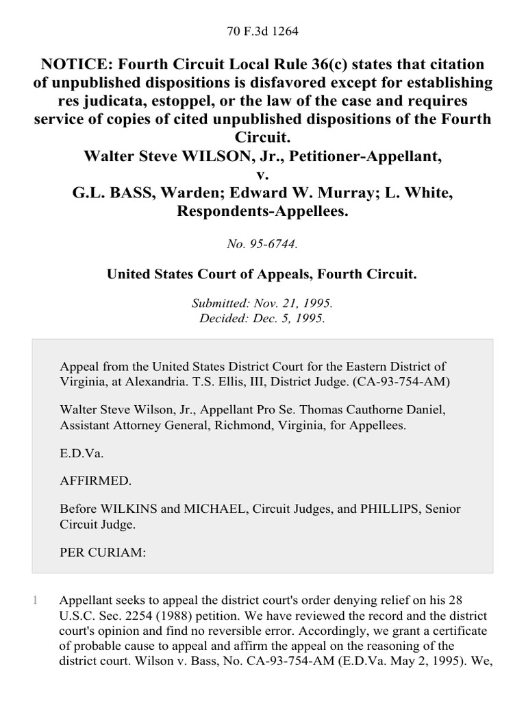 Walter Steve Wilson, Jr. v. G.L. Bass, Warden Edward W. Murray L. White ...