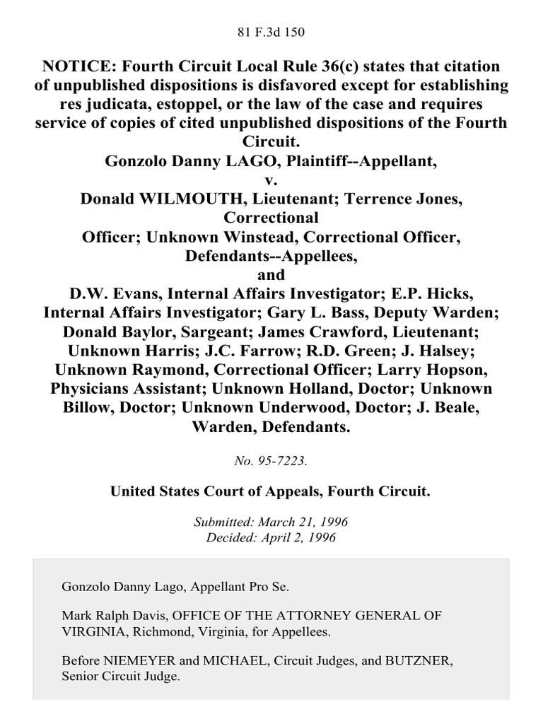 Gonzolo Danny Lago v. Donald Wilmouth, Lieutenant Terrence Jones ...