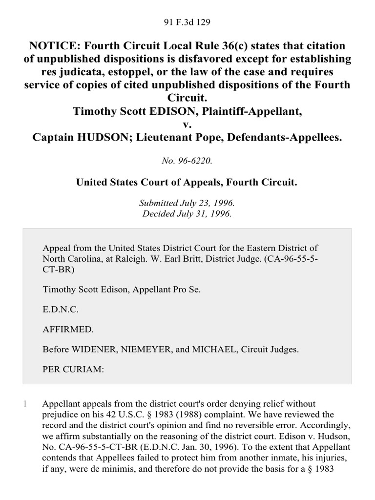 Timothy Scott Edison v. Captain Hudson Lieutenant Pope, 91 F.3d 129 ...