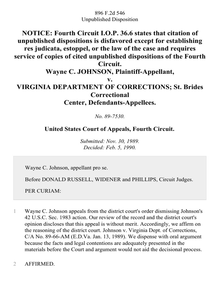 Wayne C. Johnson v. Virginia Department of Corrections St. Brides ...