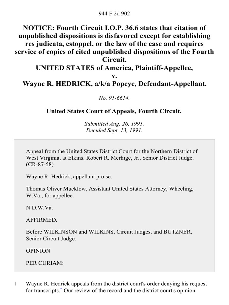 United States v. Wayne R. Hedrick, A/K/A Popeye, 944 F.2d 902, 4th Cir ...
