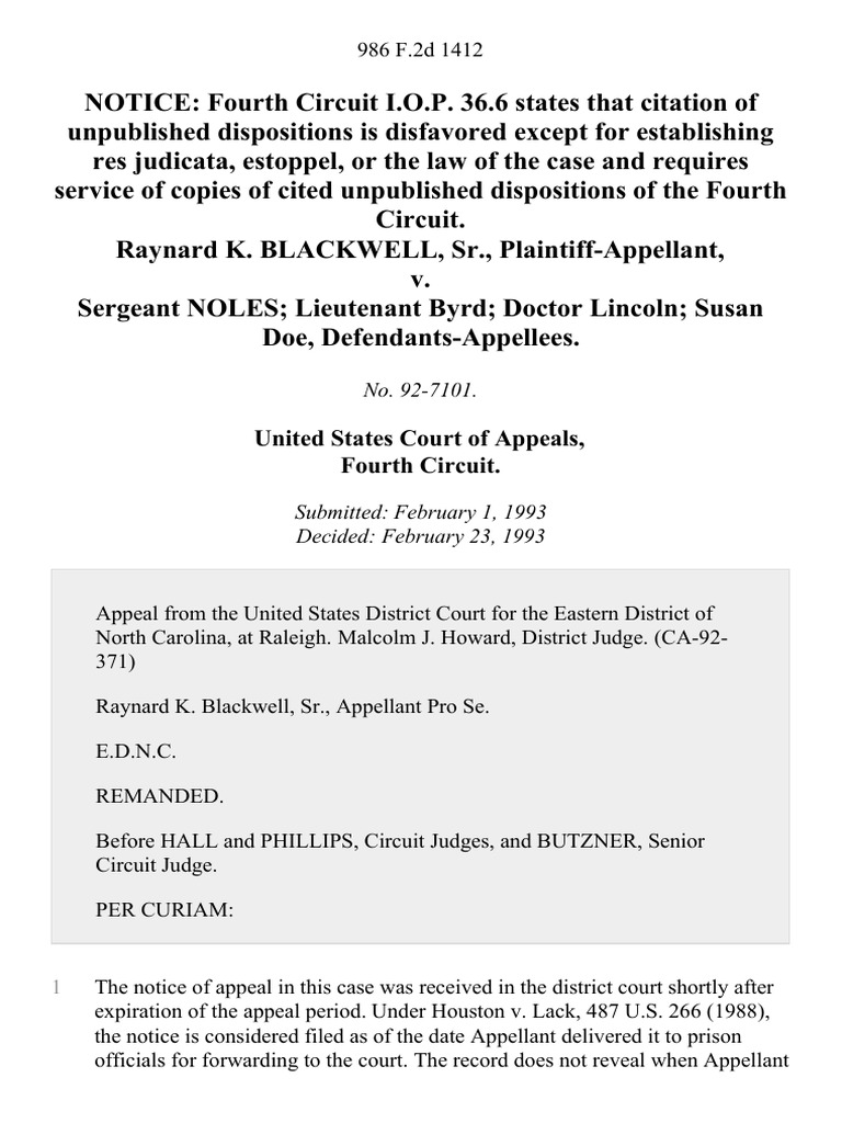 Raynard K. Blackwell, Sr. v. Sergeant Noles Lieutenant Byrd Doctor Lincoln Susan Doe, 986 F.2d ...