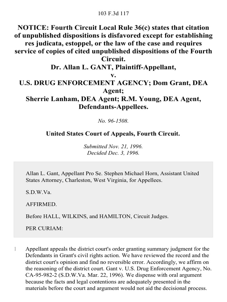 Dr. Allan L. Gant v. U.S. Drug Enforcement Agency Dom Grant, Dea Agent ...