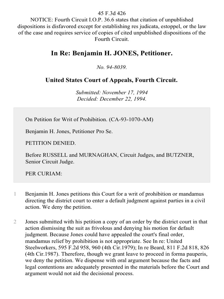In Re: Benjamin H. Jones, 45 F.3d 426, 4th Cir. (1994) | PDF | Law