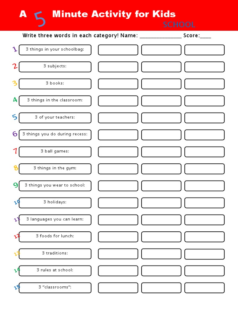5 Minute Activity Kids School