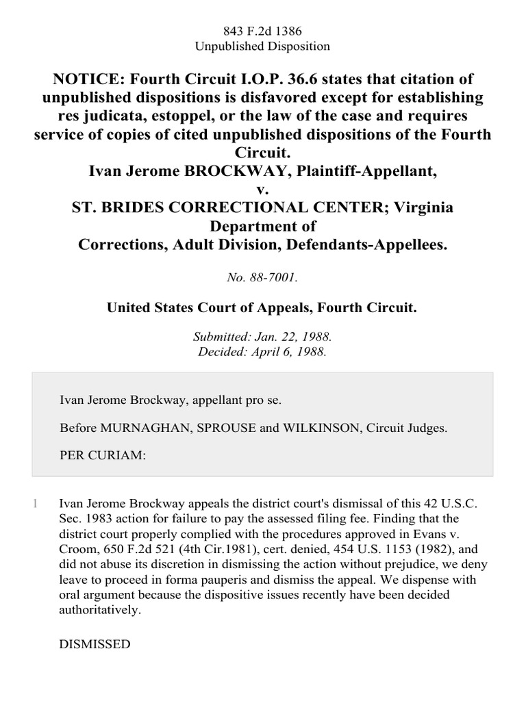 Ivan Jerome Brockway v. St. Brides Correctional Center Virginia ...
