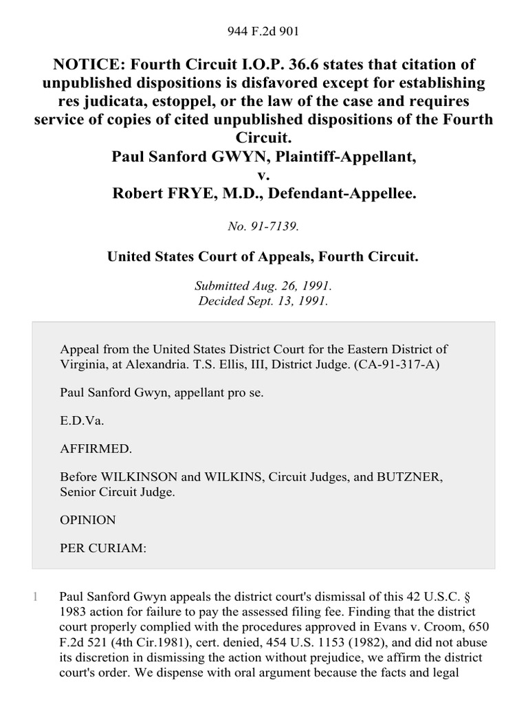 Paul Sanford Gwyn v. Robert Frye, M.D., 944 F.2d 901, 4th Cir. (1991) | PDF