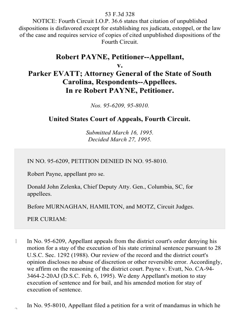 Robert Payne v. Parker Evatt Attorney General of The State of South ...